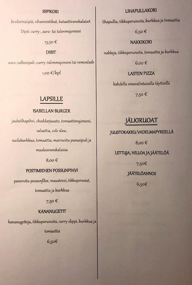 Menu at Rantamaja Isabella restaurant, Finland
