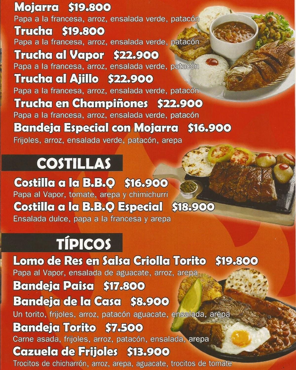 Carta del restaurante Torito Al Carbón, Pereira, Carrera 7 #22-66