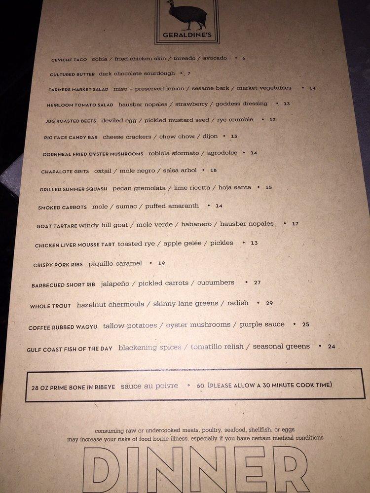 Menu at Geraldine's pub & bar, Austin
