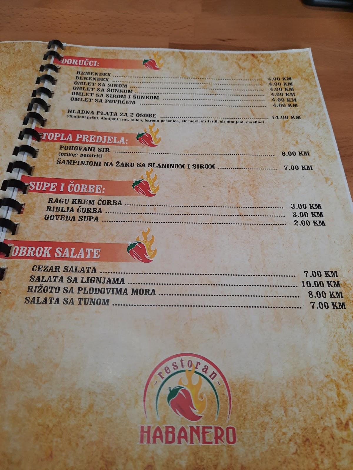 Menu at Habanero restaurant, Bijeljina