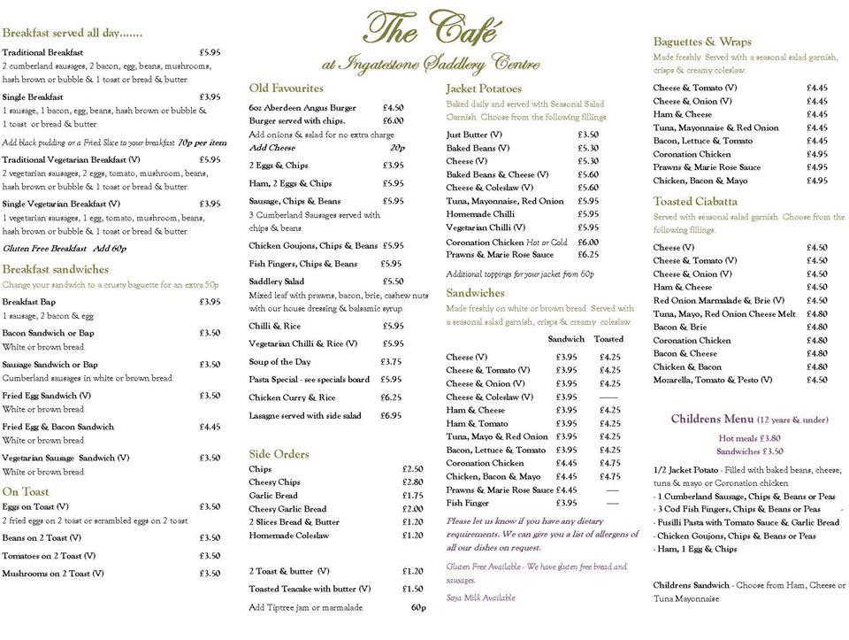 Menu at Ingatestone Saddlery Centre cafe, Ingatestone