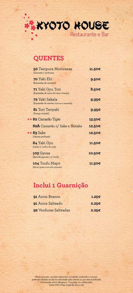 Menu at Kyoto restaurant, Coimbra, Rua Lourenco de Almeida Azevedo 24