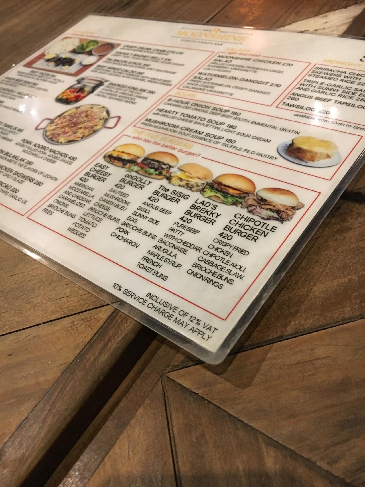 Menu at Moonshine pub & bar, Pasig
