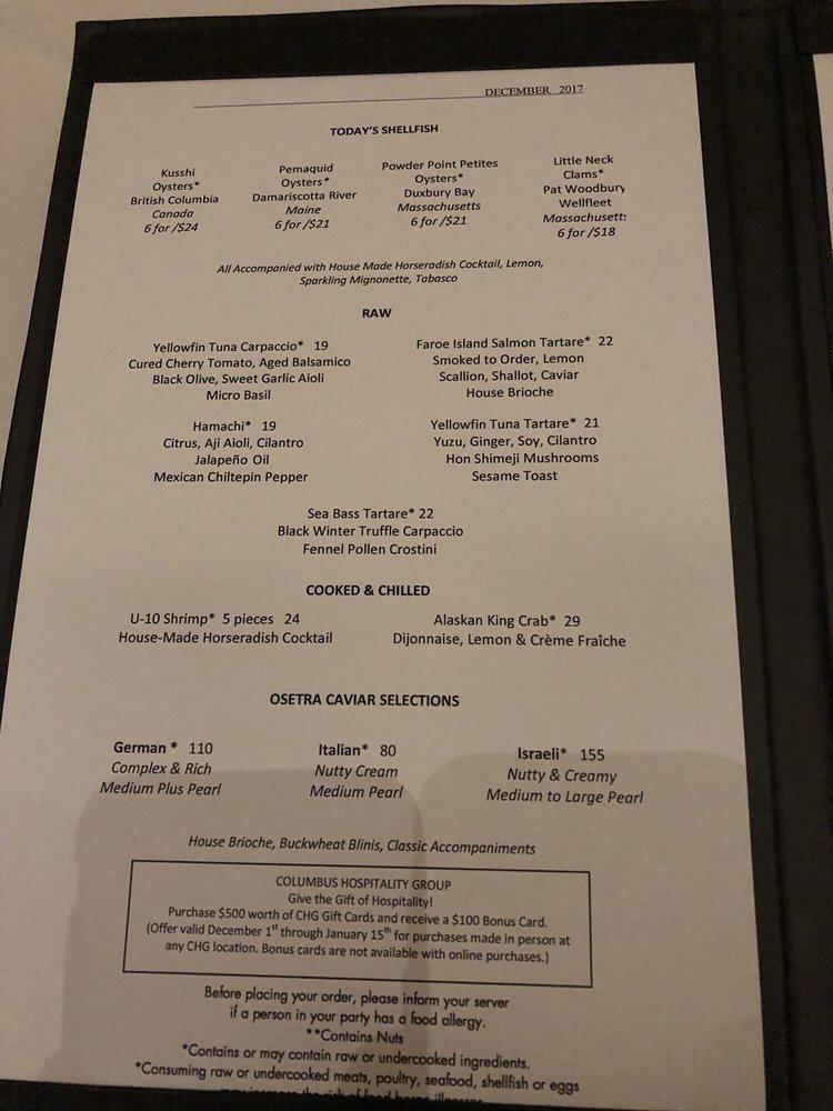Menu at Ostra restaurant, Boston