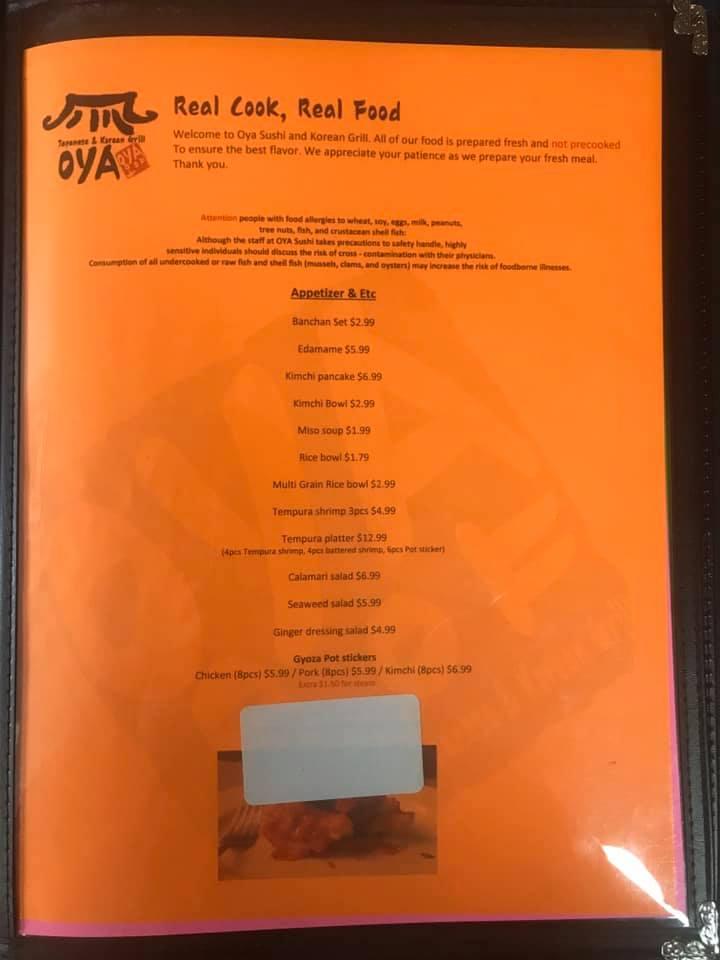 Menu at Oya Sushi and Korean Grill BBQ, Pittsburgh