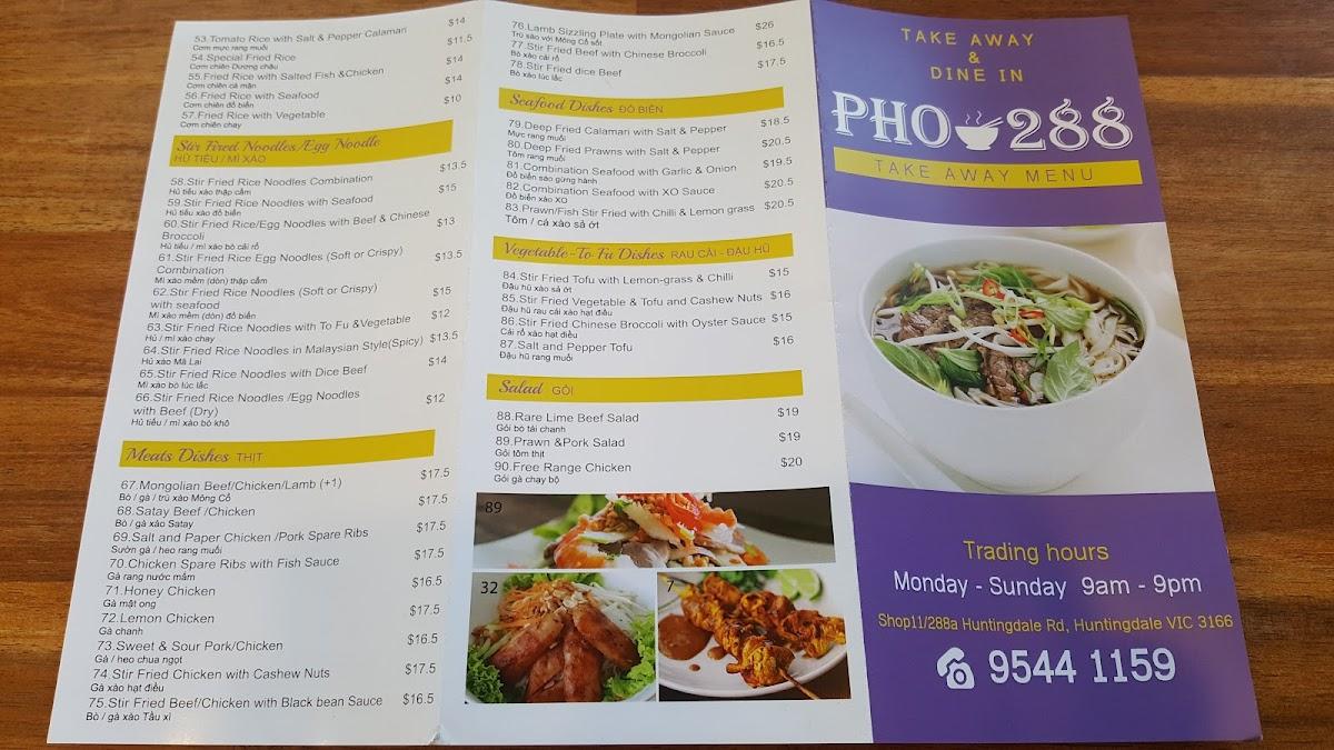 Menu at Pho 288 restaurant, Huntingdale