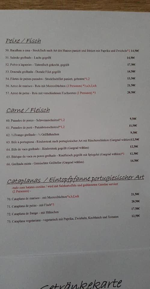 Menu at Pimenta restaurant, Coppenbrügge