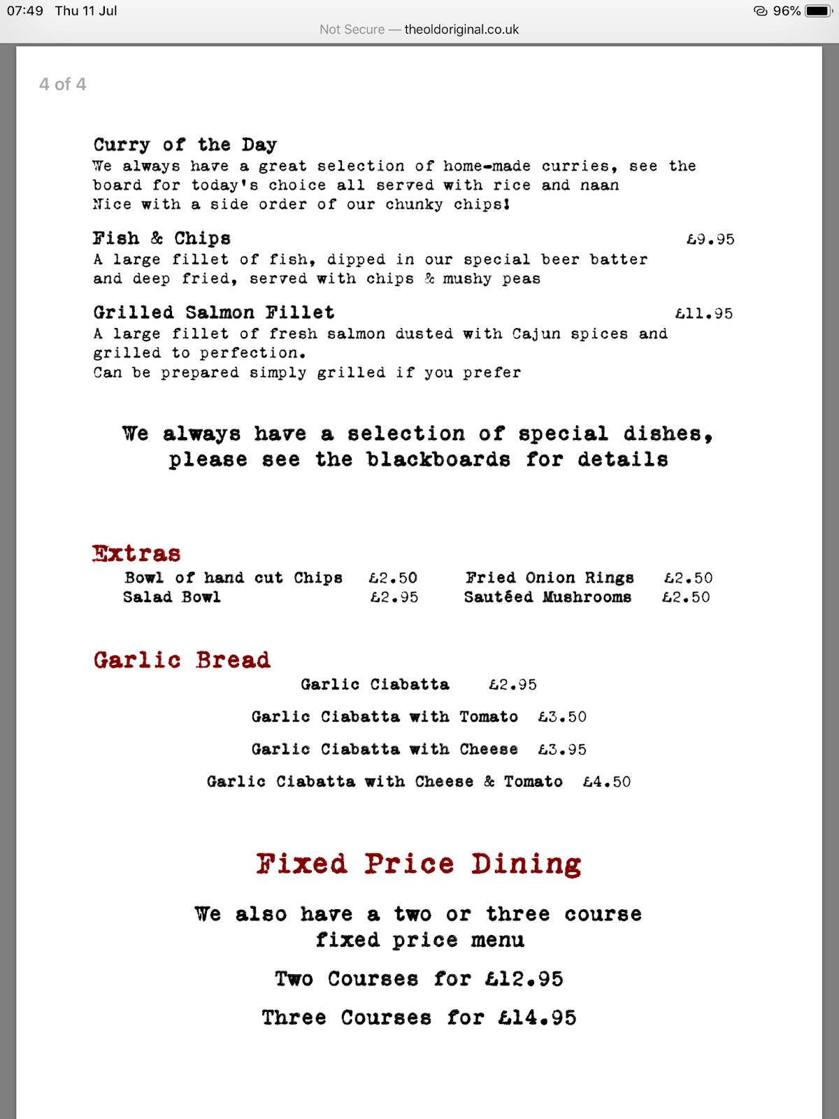 Menu at The Old Original Inn pub & bar, Oldham