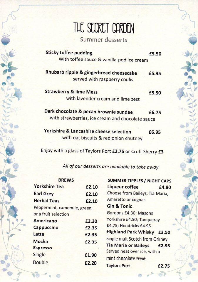 Menu at The Secret Garden Bistro restaurant, Malham