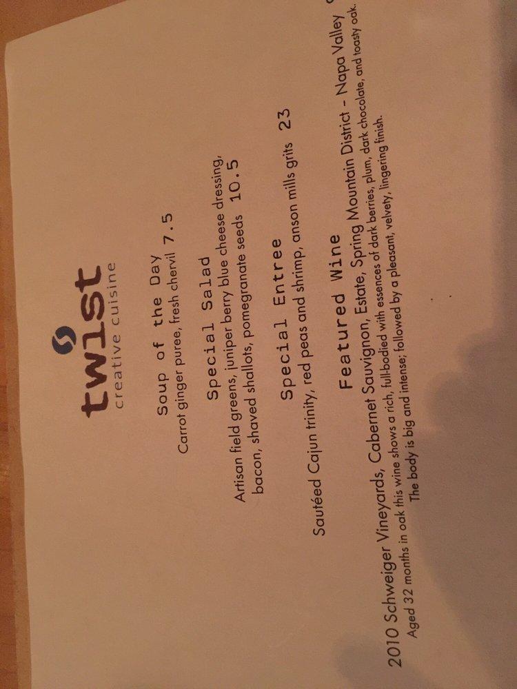 Menu at Twist restaurant, Breckenridge