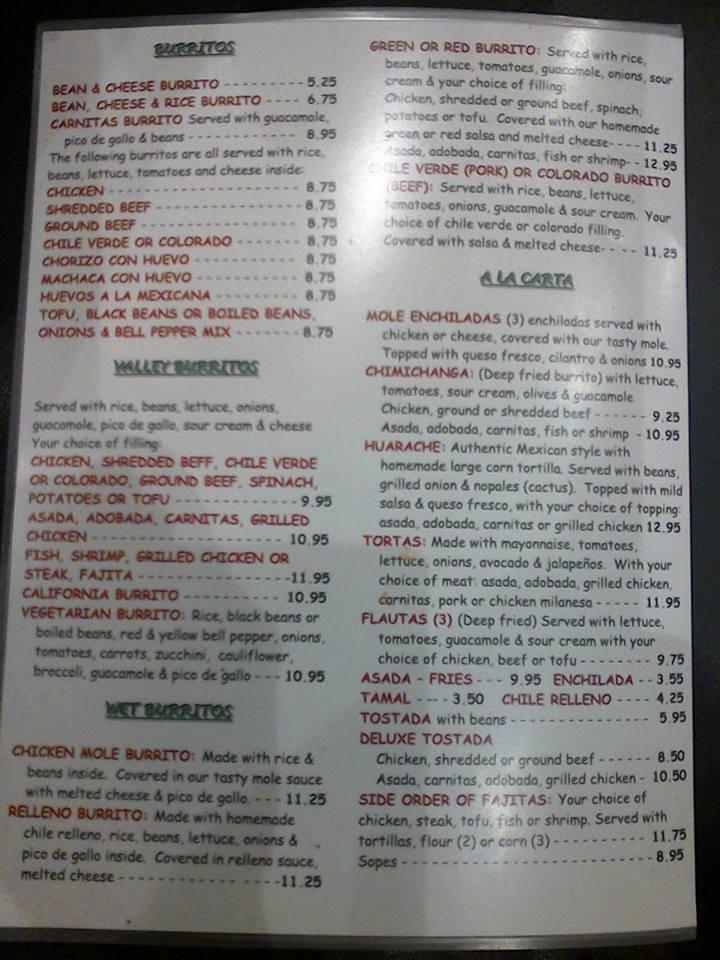 Carta de Valley Azteca Restaurant, Arcata