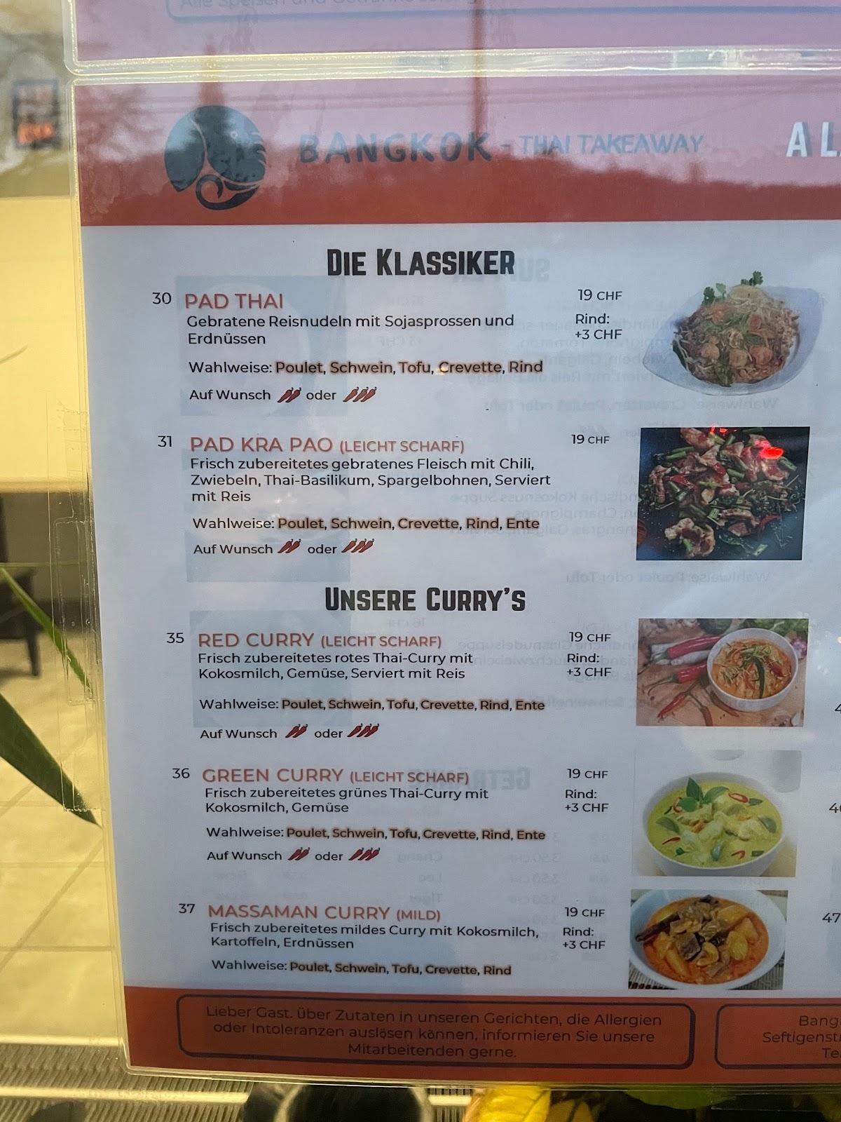 Menu da Bangkok Thai Takeaway, Berna