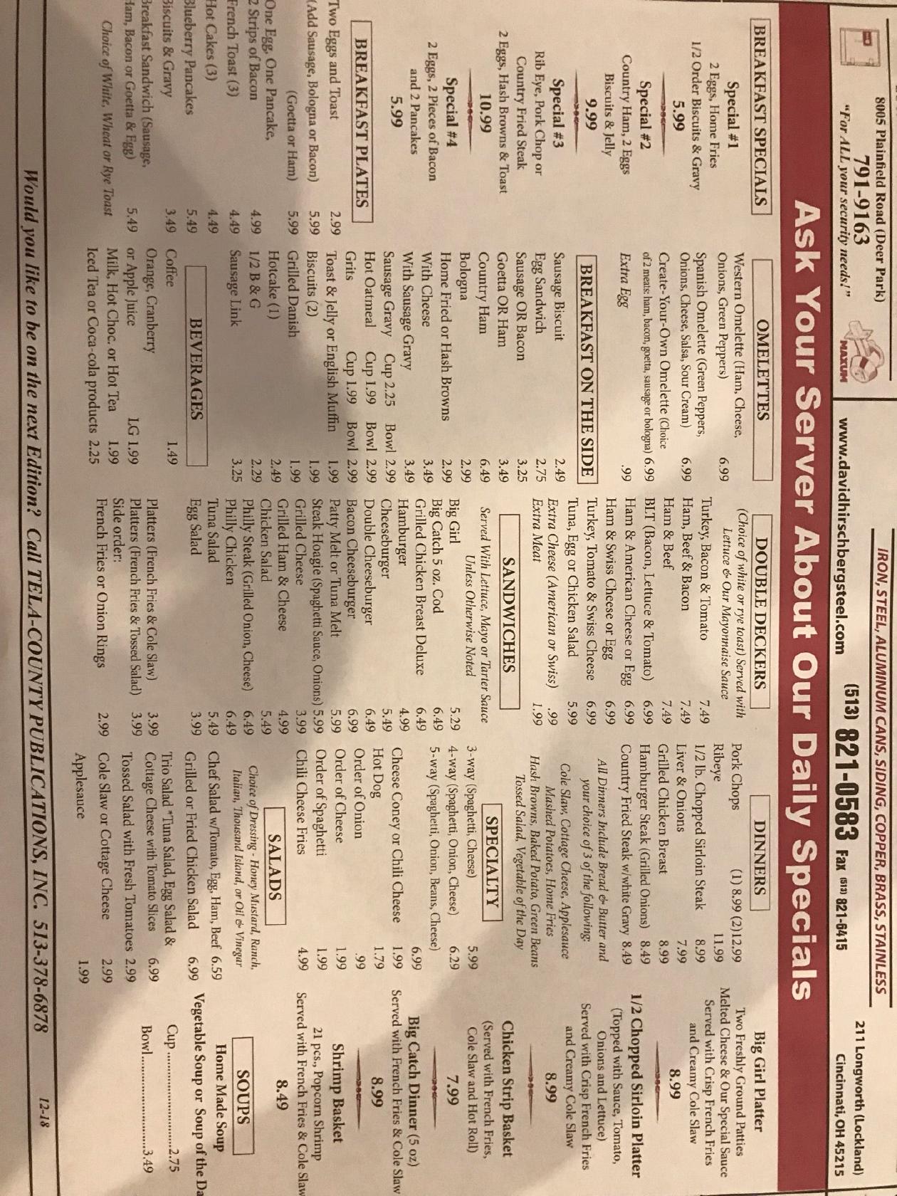 Menu at Bridge House Restaurant, Cincinnati