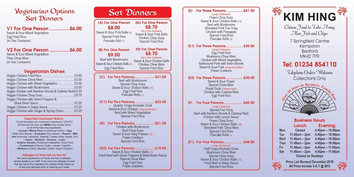 Menu at Kim Hing restaurant, Bedford