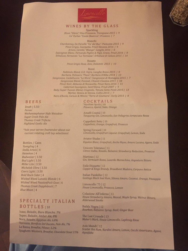 Menu at Limoncello restaurant, Greenville