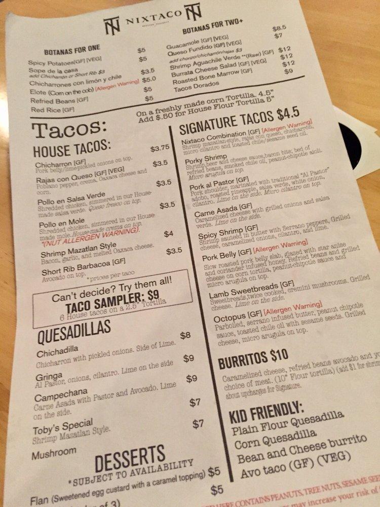 Menu at Nixtaco restaurant, Roseville, Cirby Way #12