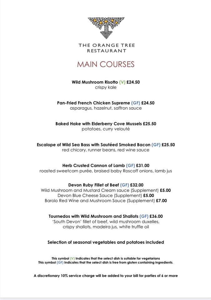 Menu at The Orange Tree Restaurant, Torquay