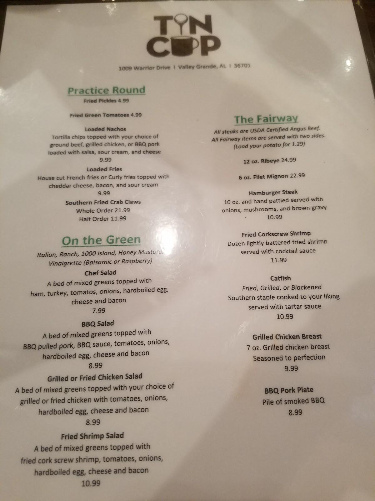 Menu at Tin Cup restaurant, Valley Grande
