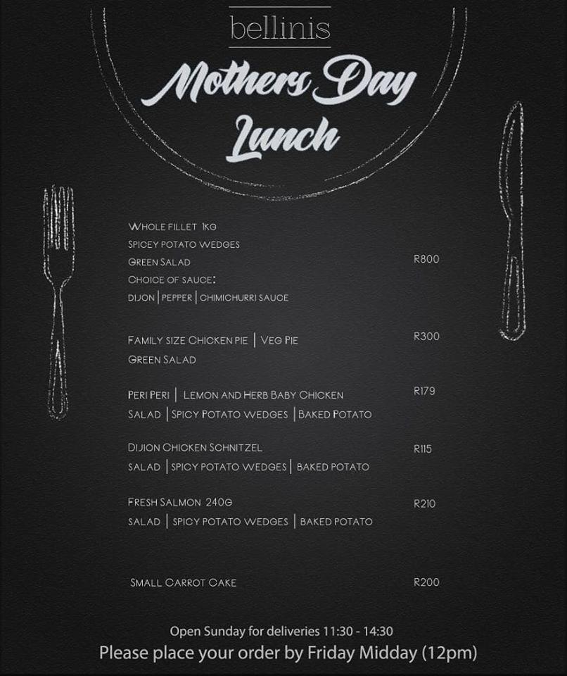 Menu at Bellinis restaurant, Johannesburg