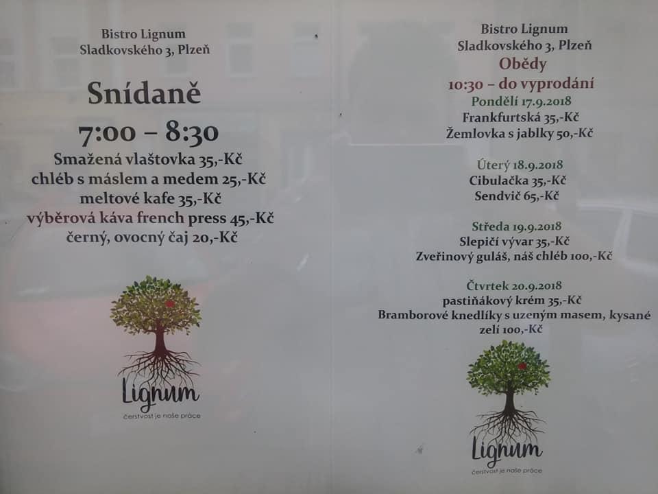 Menu at Bistro Lignum restaurant, Czech Republic