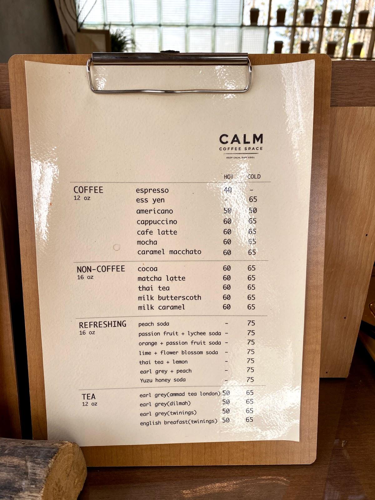 Menu at CALM COFFEE SPACE cafe, Tha Wang Pha