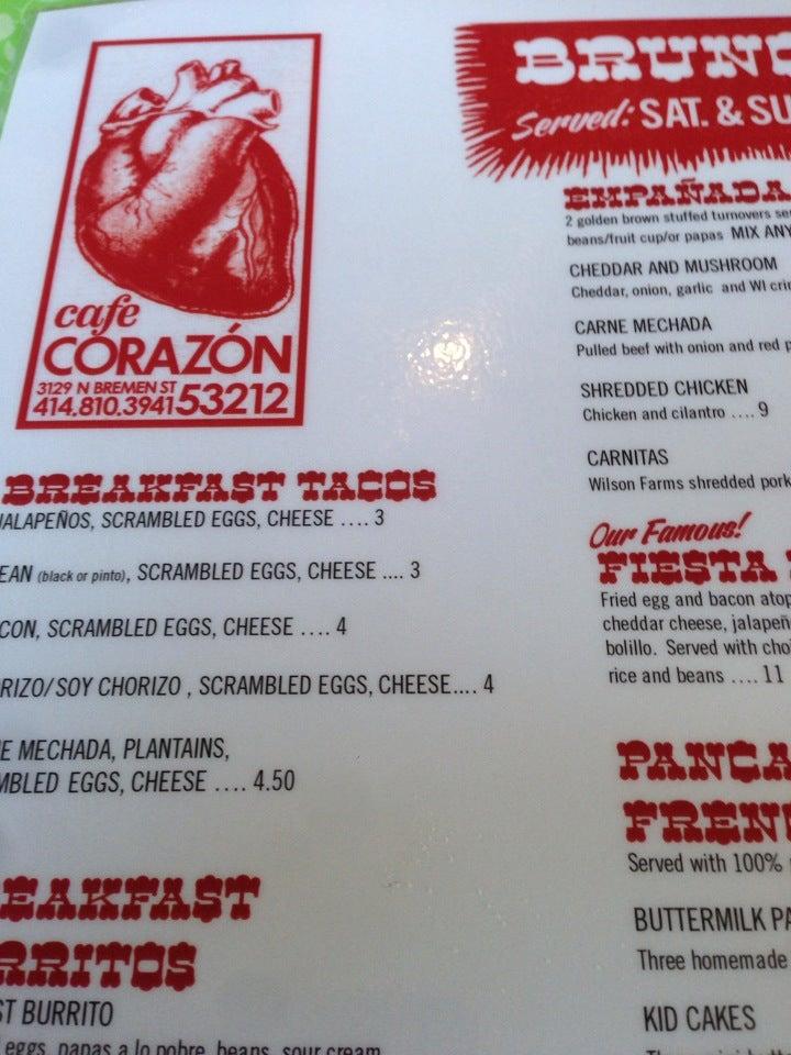 Menu at Café Corazón pub & bar, Milwaukee, N Bremen St