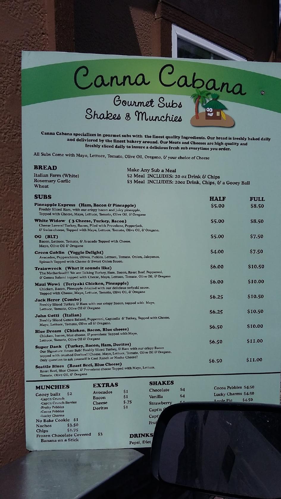 Carta del restaurante Canna Cabana Subs & Shakes, Lacey