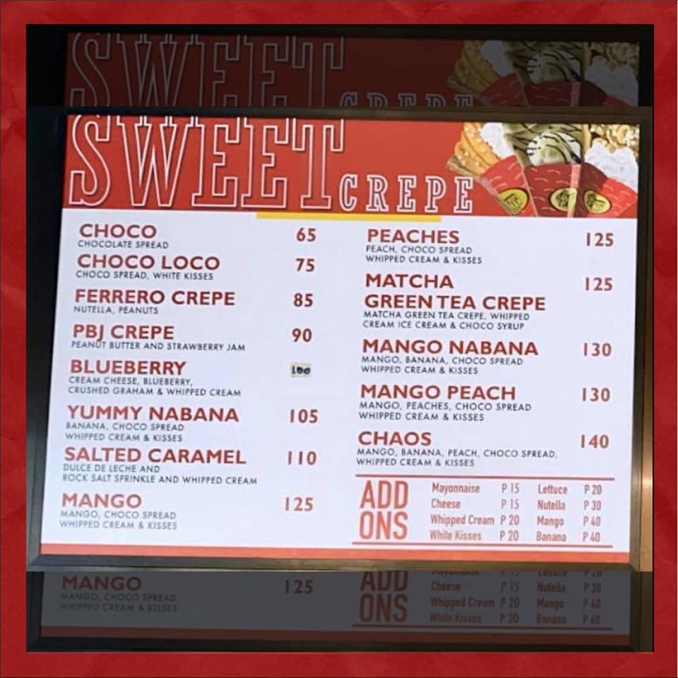 Menu at Crepeman restaurant, Tacloban City