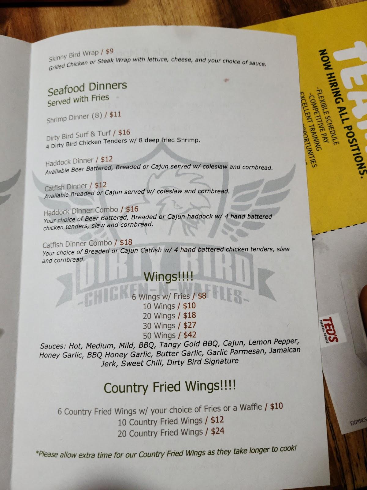Menu at Dirty Bird Chicken N' Waffles LLC restaurant, Niagara Falls