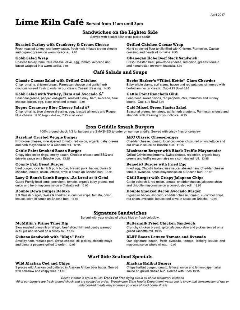 Menu at Lime Kiln Cafe, Roche Harbor, 248 Reuben Memorial Dr