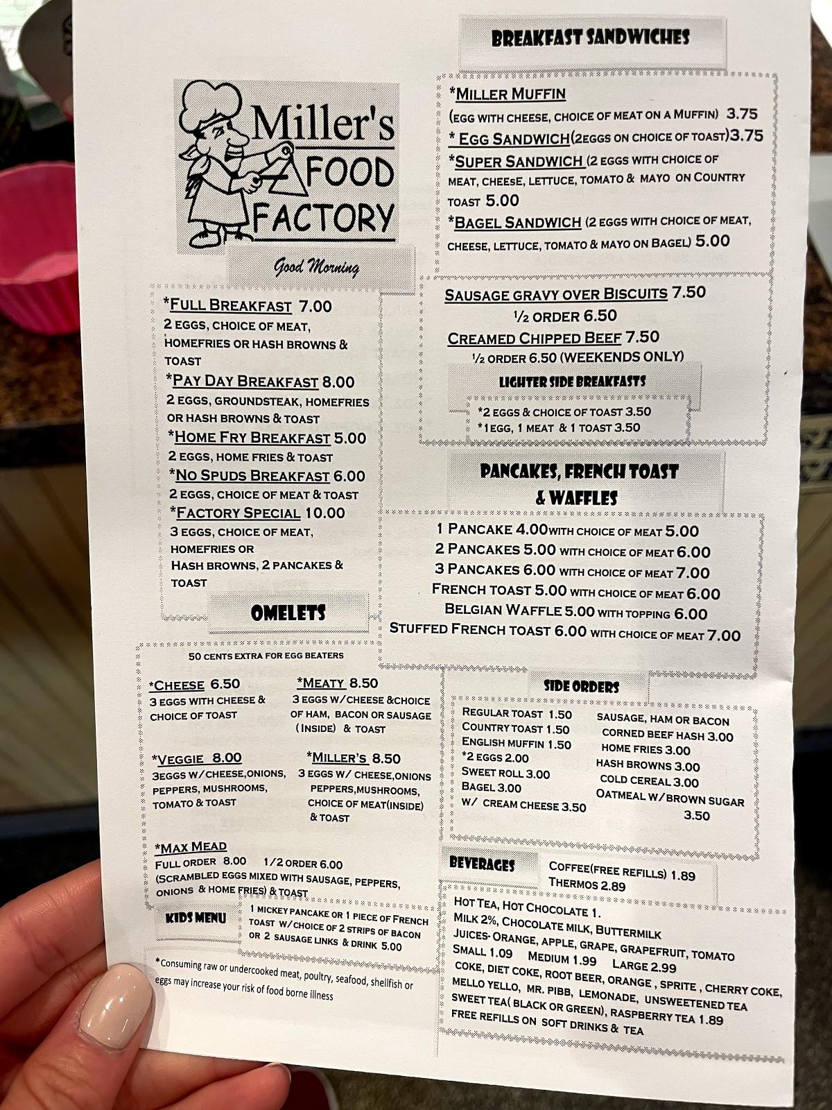 Menu at Miller's Food Factory restaurant, Conneaut Lake