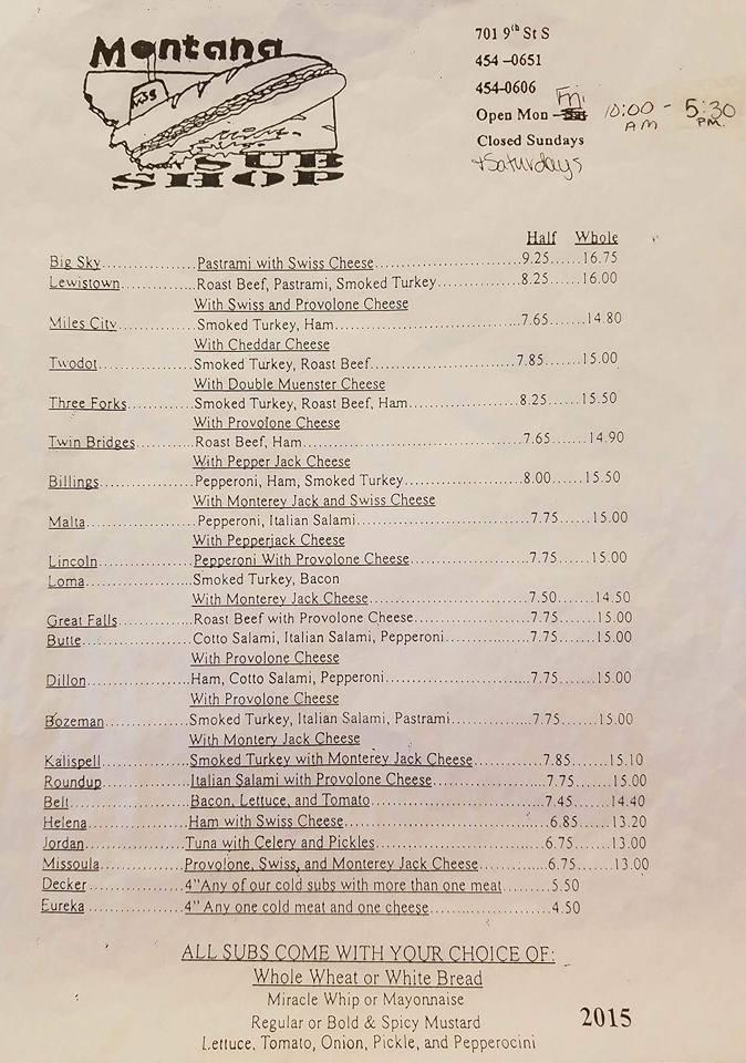 Menu at Montana Sub Shop restaurant, Great Falls