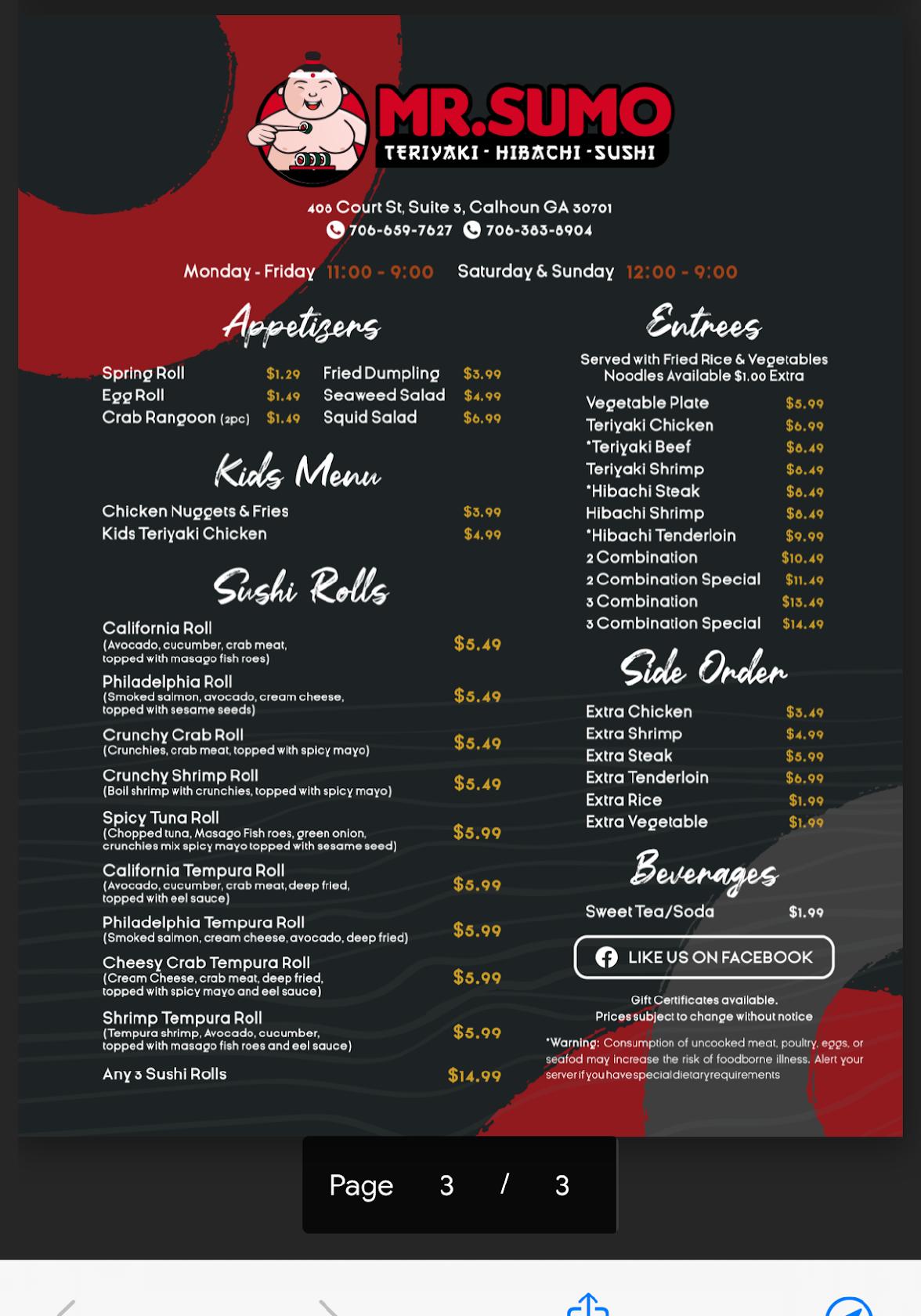 Menu at Mr. Sumo restaurant, Calhoun