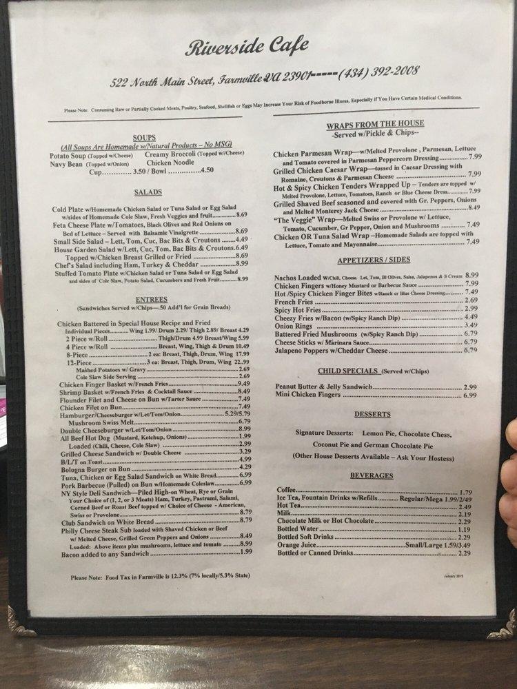 Menu at Riverside Cafe, Farmville