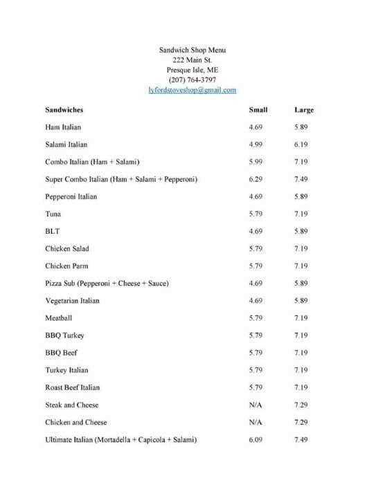 Menu at Sandwich Shop pizzeria, Presque Isle, 222 Main St