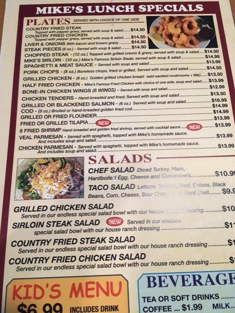 Menu at The Original Mike's Grill steakhouse, Bartow