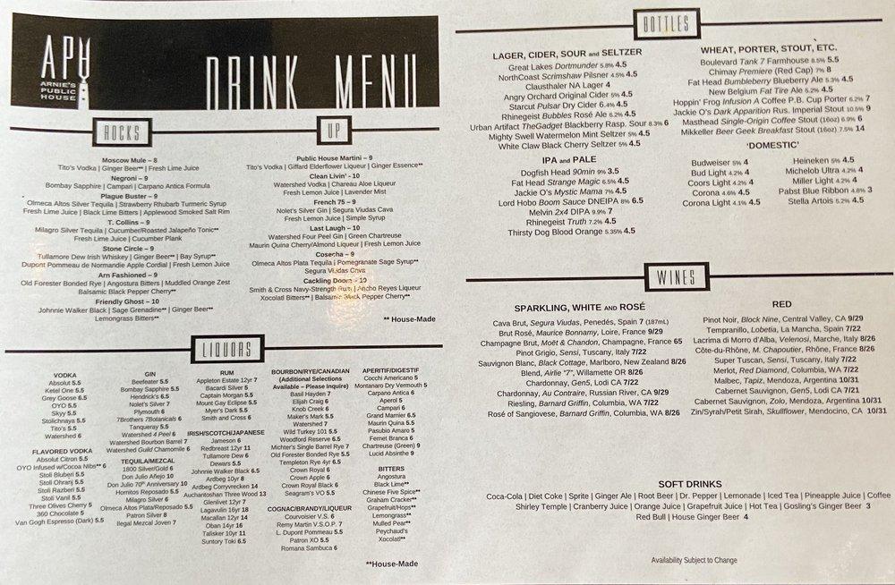 Menu at Arnie’s Public House, Akron
