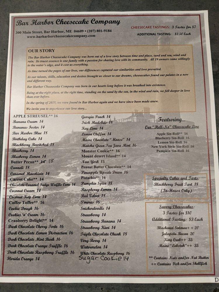 Menu at Bar Harbor Cheesecake Company, Bar Harbor