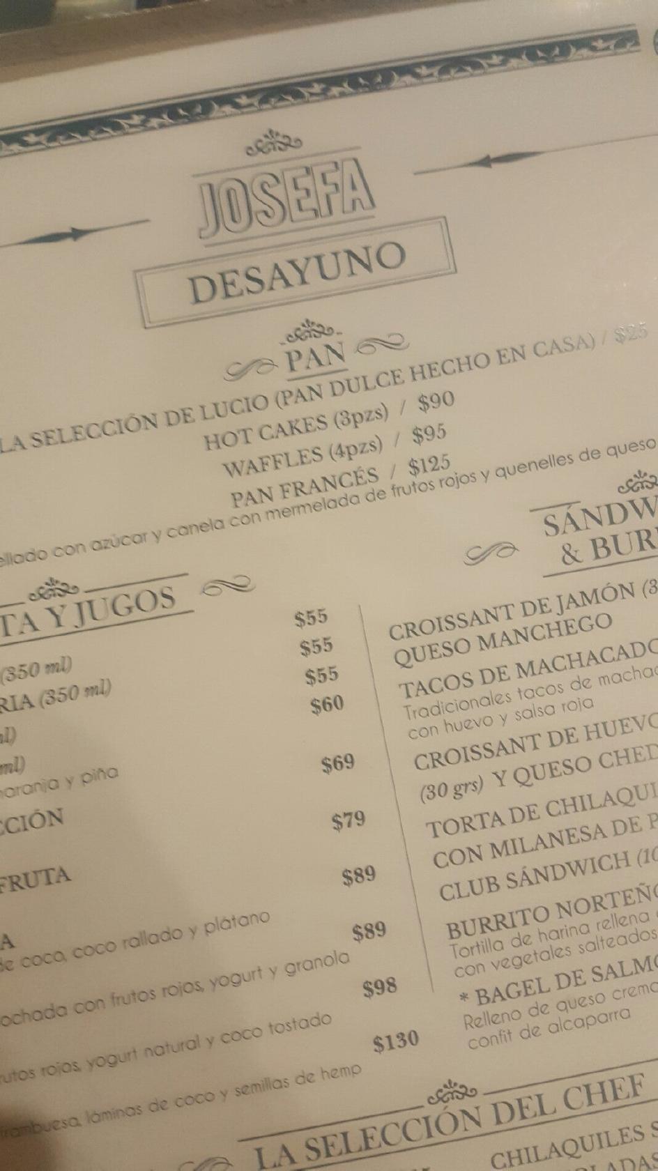 Menu at Cafe Josefa, Santiago de Querétaro, Av. Industrialización 12