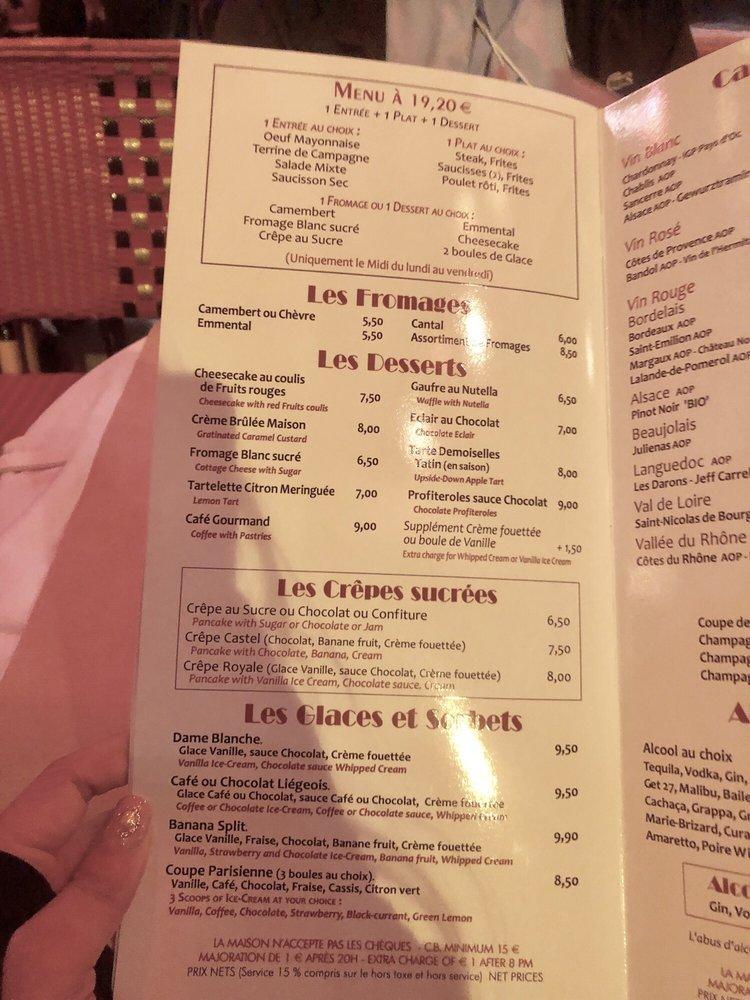 Menu at Castel Café, Paris, 5 Av. de Suffren