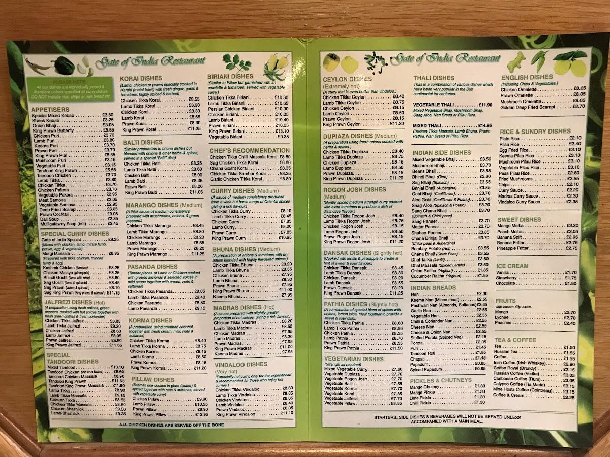 Menu at Gate Of India Restaurant, Chester