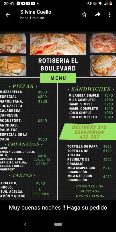 Menu at El Boulevard restaurant, Villa de Merlo