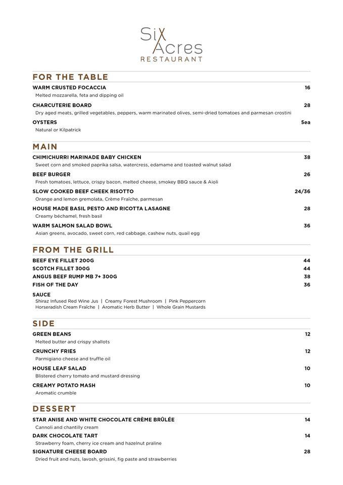 Menu at Six Acres Restaurant, Brisbane City