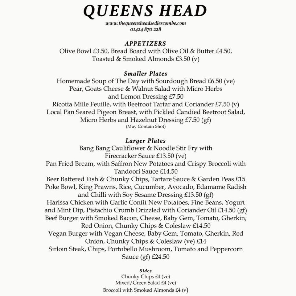 Menu at The Queens Head pub & bar, Sedlescombe