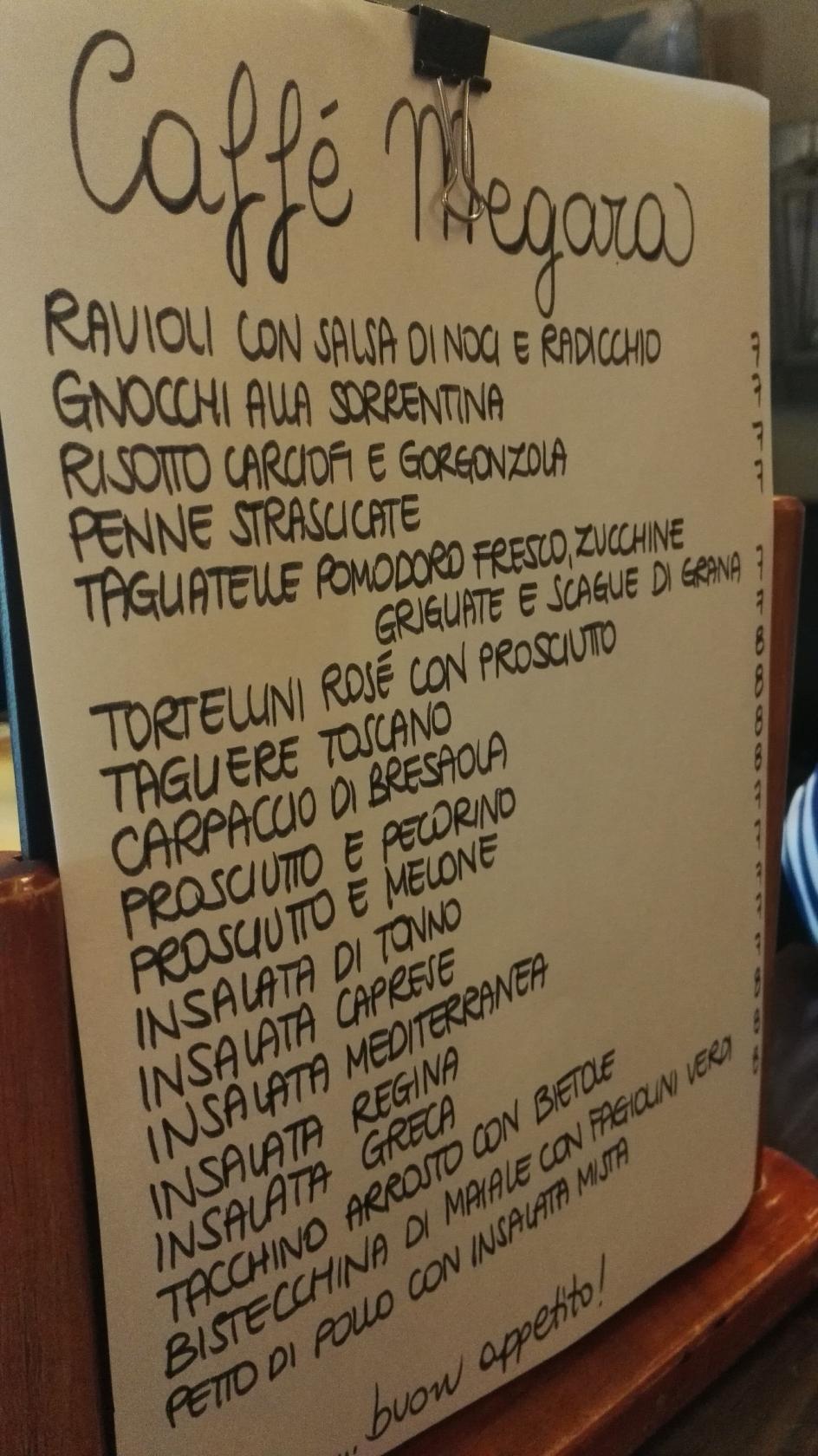 Menu at Caffè Megara cafeteria, Florence