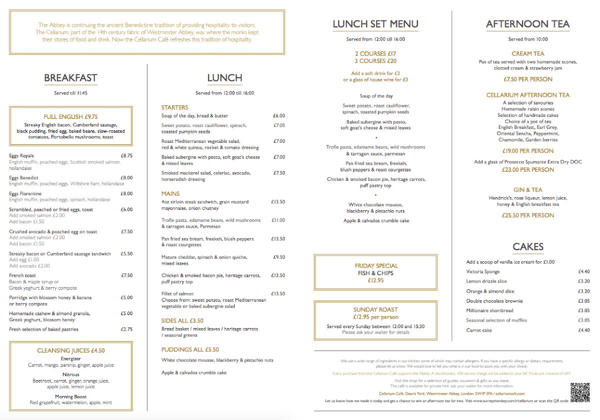 Carta de Cellarium Cafe & Terrace, Londres