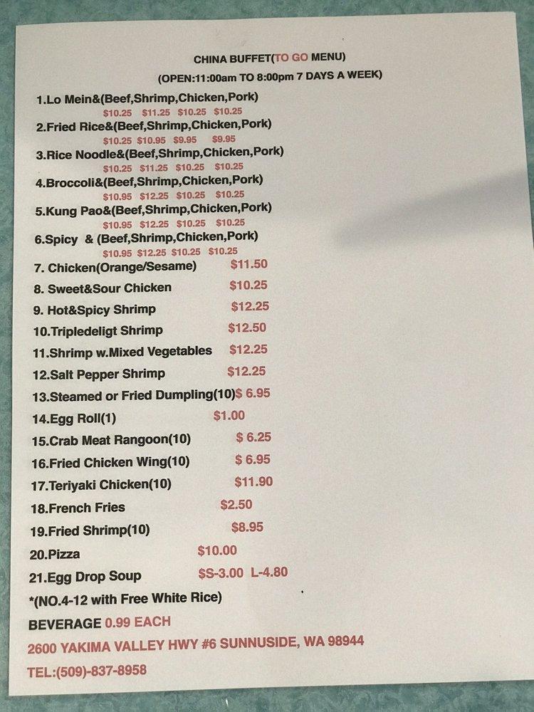 Menu at China Buffet restaurant, Sunnyside