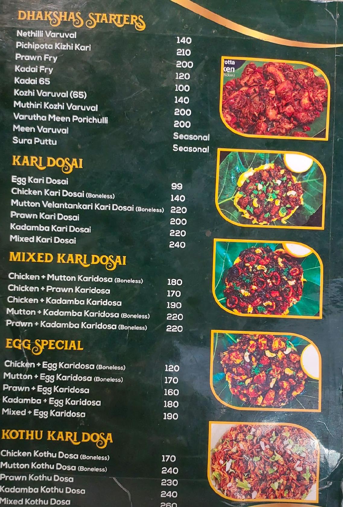 Menu at Dhakshas Madurai Kari Dosai Restaurant, Chennai
