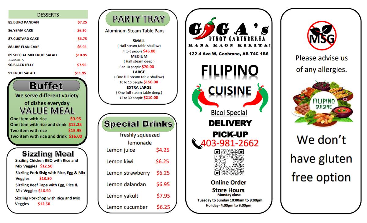 Menu au Giga's Pinoy Carinderia restaurant, Cochrane