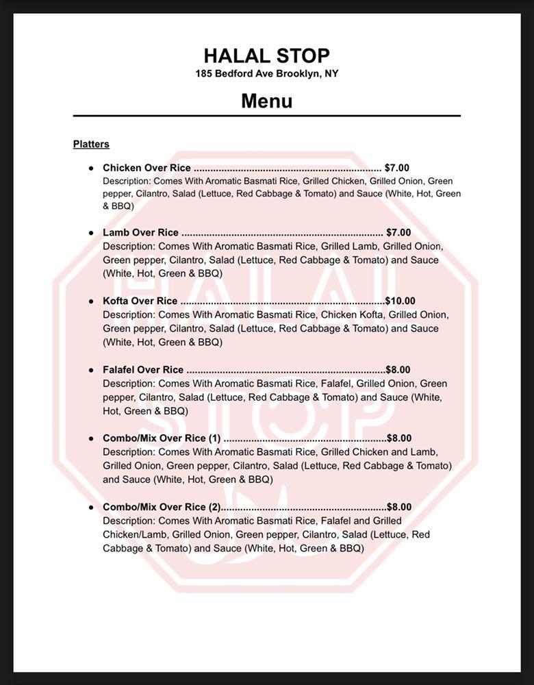 Menu at Halal Stop restaurant, New York City
